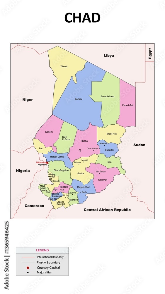 Chad Map. State and union territories of Chad with neighbouring ...