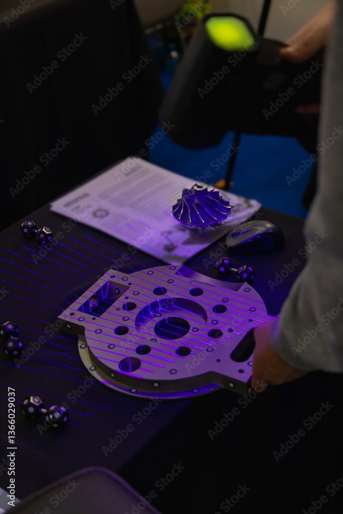 Mechanical engineer using a 3d scanner emitting purple laser beams to ...
