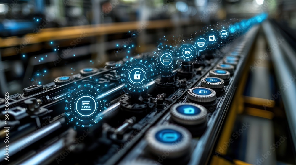 Automated factory, data security, conveyor belt, digital icons ...