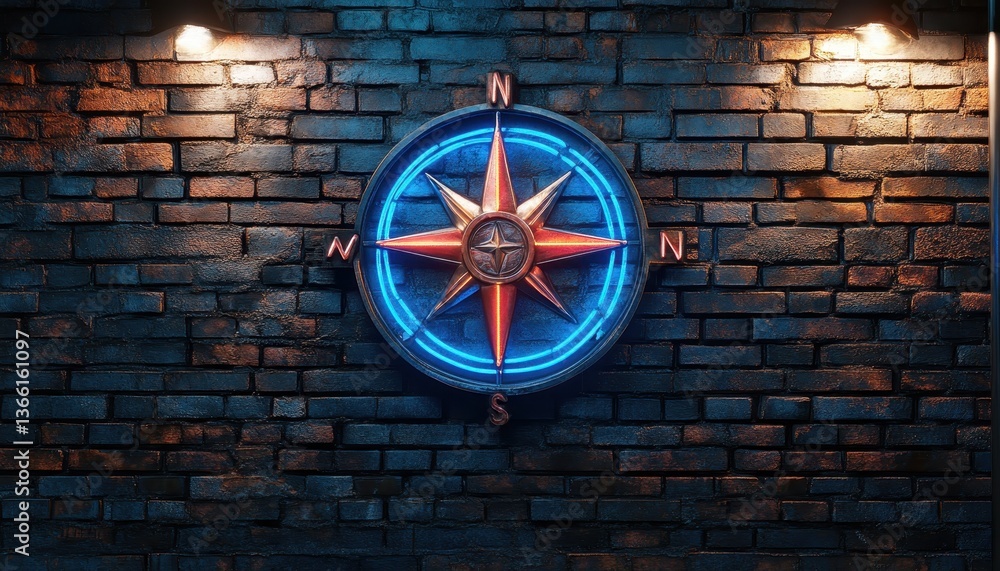 Illuminated Compass Rose on Dark Brick Wall with Directional Star ...