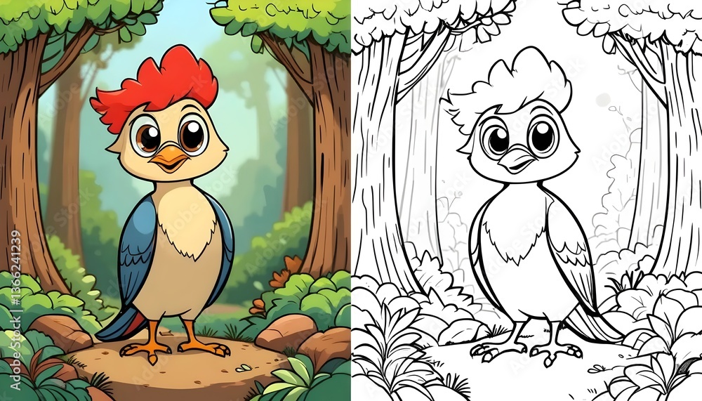 Cartoon bird coloring page for kids forest scene animal drawing ...