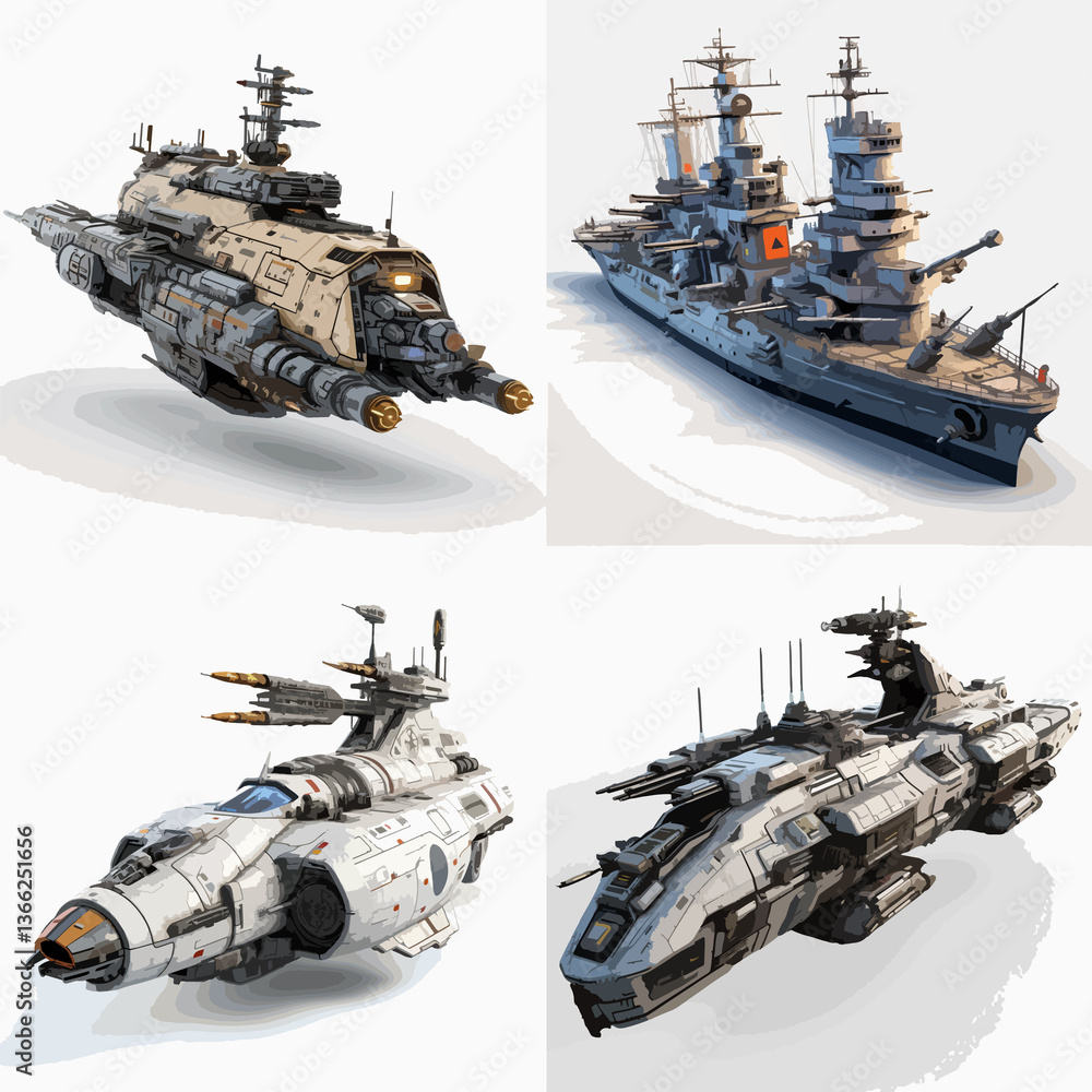 ภาพประกอบ Stock Four different types of spaceships are shown in the ...