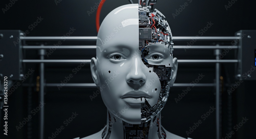 Half human half robot woman's head, face close-up. Digital ...