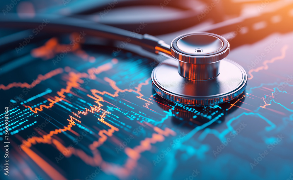 Stethoscope placed on a digital screen displaying heart rate data and ...