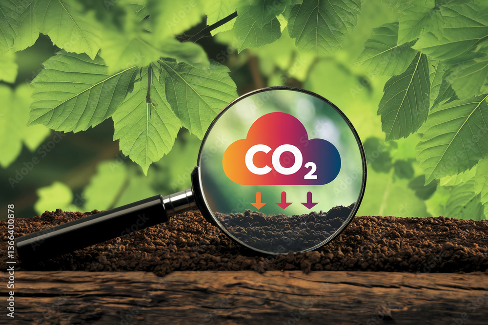 Magnifying glass focuses on CO2 absorption by soil, against a backdrop ...