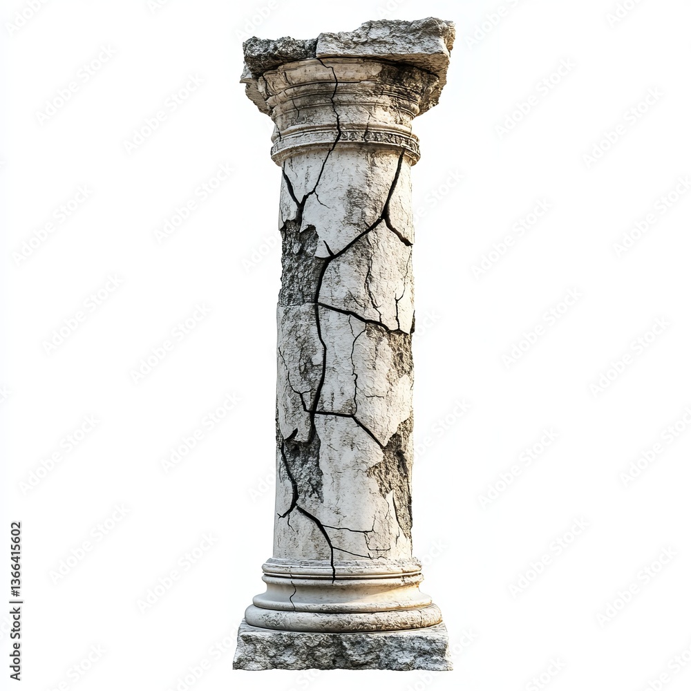 Old broken crack pillar isolated on a white background showcasing vintage and damaged ...