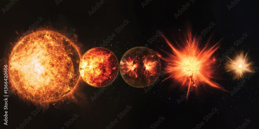 Fiery celestial bodies depicting star life cycle in dark space with ...