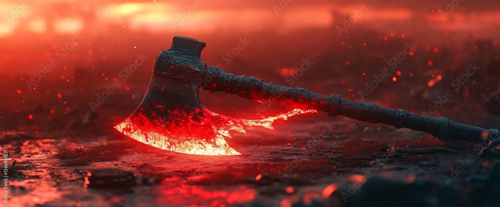 Ancient axe glowing in a fiery landscape, a symbol of power and ...
