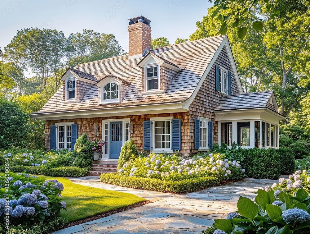 Cape Cod house with cedar shingles, blue shutters, dormers, white trim ...