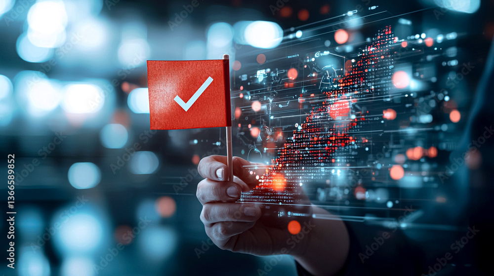 Success digital check mark: A person's hand holds up a digital check ...