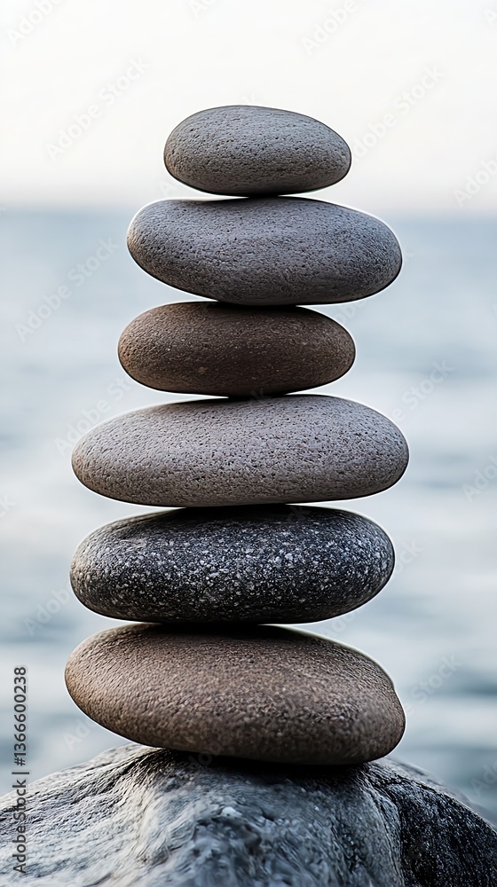 Stack of smooth, rounded stones in gray and brown on a sea background ...