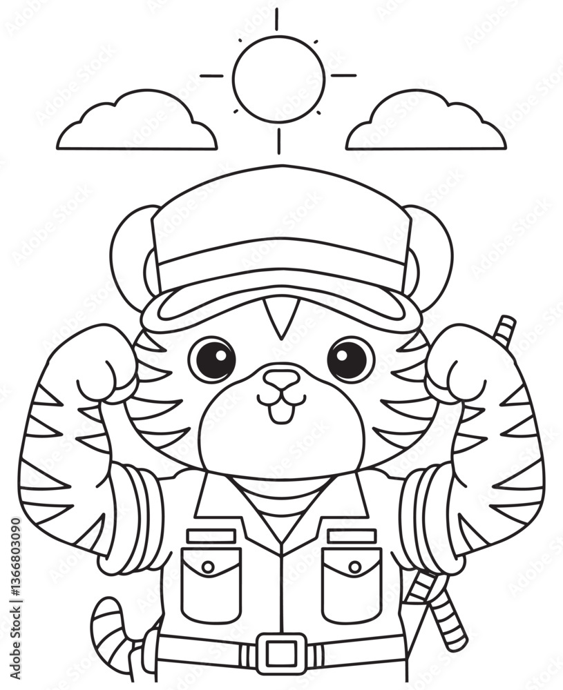 Coloring book tiger police officer flexing muscles in uniform with a ...
