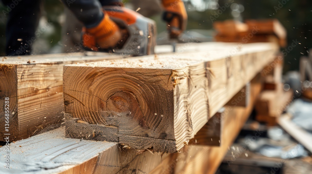 Illustrate the cutting and shaping of wooden beams and planks using ...