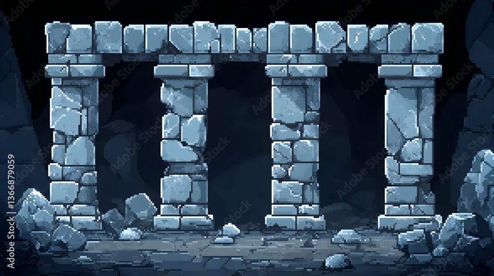 Ancient Stone Ruins Pixel Art with Columns and Arches in Gray and Blue ...
