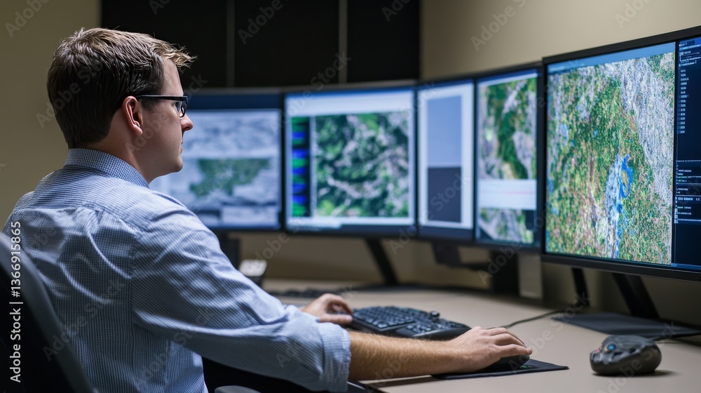 Geospatial data scientist analyzing satellite imagery for environmental ...