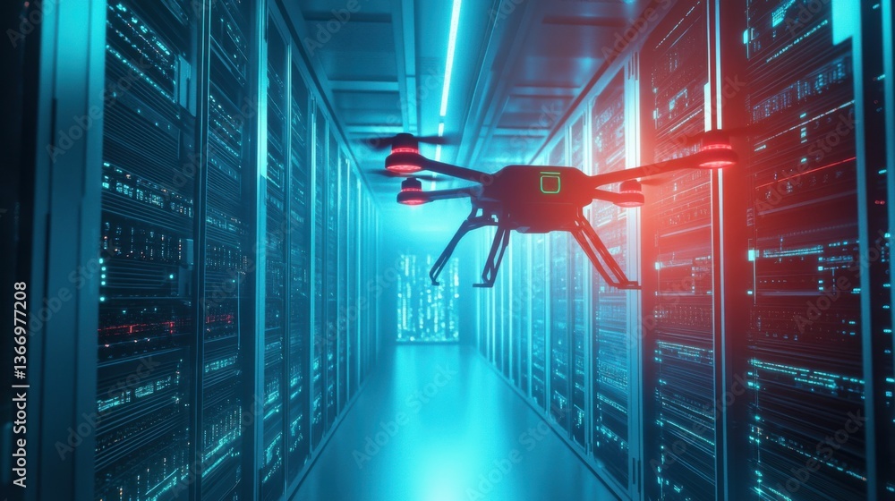 Autonomous AI driven security drones patrolling a futuristic data center, sleek high-tech ...