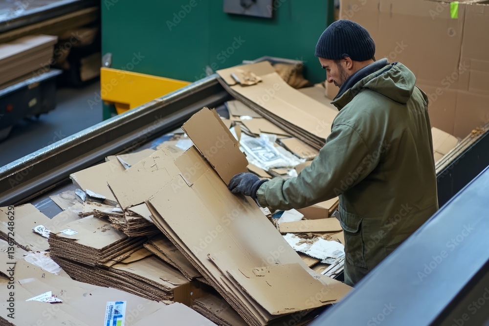 Worker sorting cardboard at recycling facility during daytime shift for ...