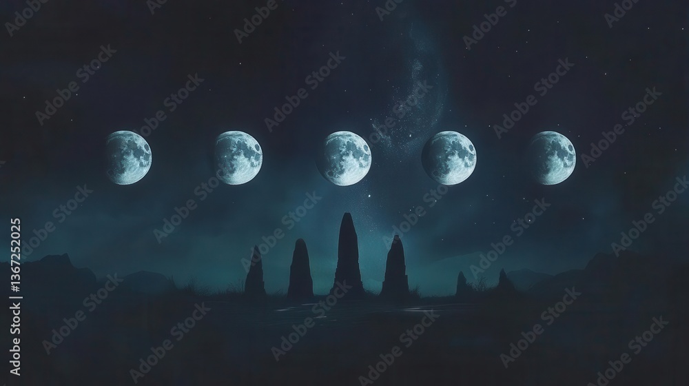 Phases of the Moon Over Ancient Stone Structures at Night with Dark ...