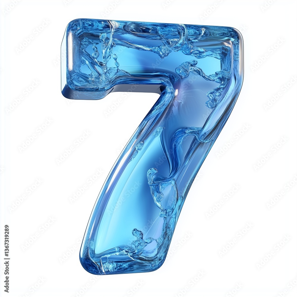 Number 7 shaped water texture alphabet blue flow fluid, isolated white ...