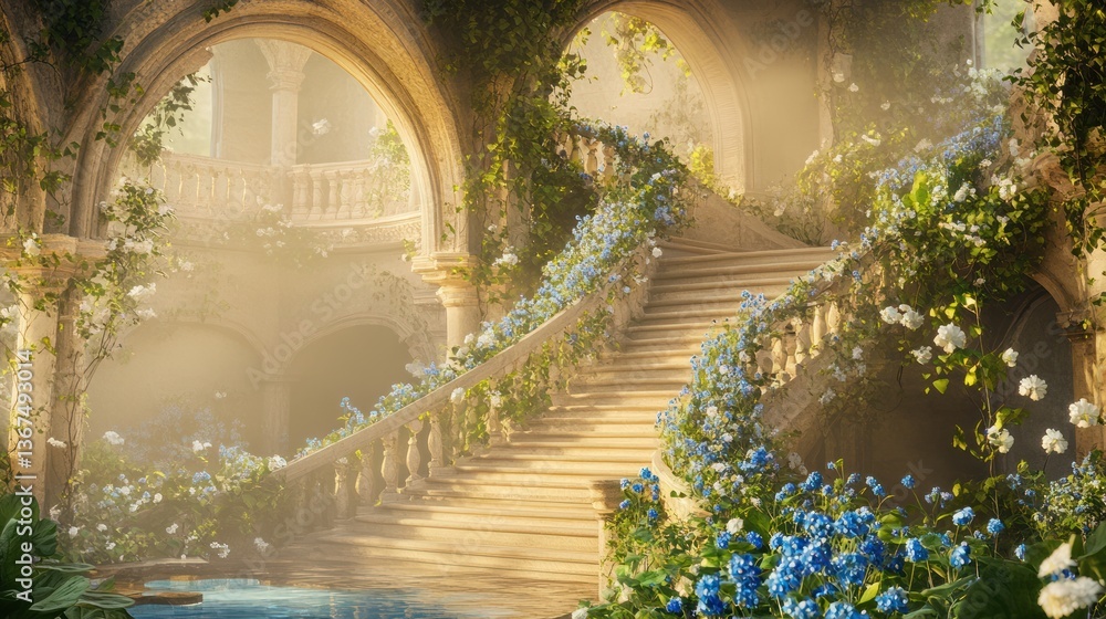 Spring festive marble stairs and arches with blue forget-me-not and ...