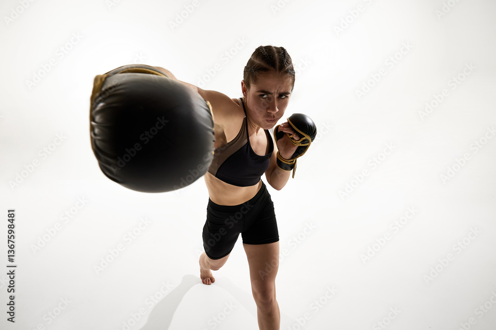 Powerful punch from female fighter in boxing gloves directed toward ...