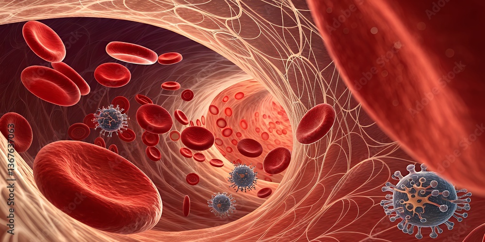 Microscopic View of Blood Vessels Red Blood Cells and Viruses in Human ...