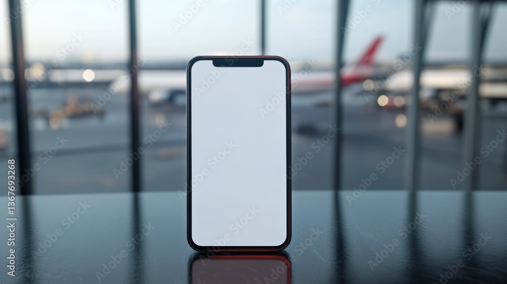 Smartphone showing white screen displaying airport terminal background ...