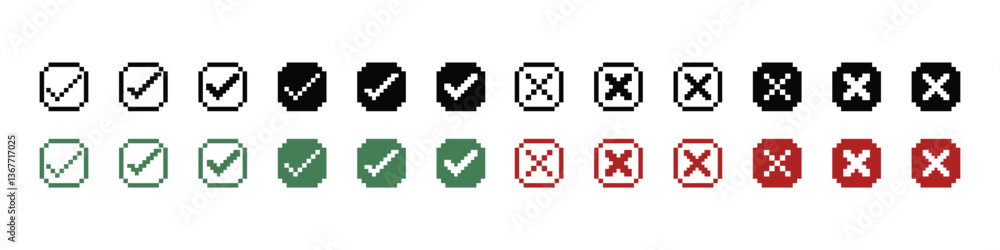 Pixel Art Green Check Marks and Red Cross Icons in Circle Shapes.Pixel check mark icons. Pixel ...