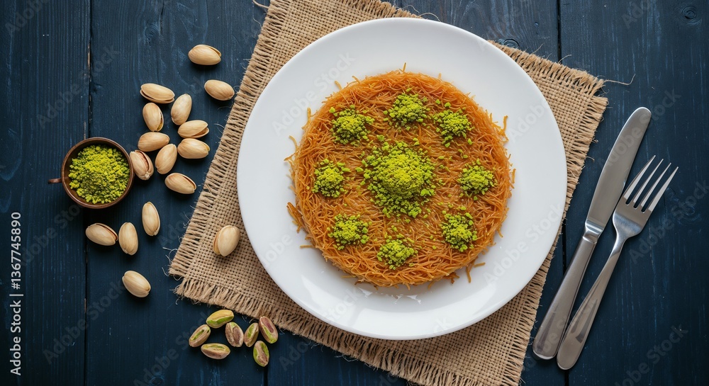 Kunafa with Pistachios on White Plate, Traditional Middle Eastern ...
