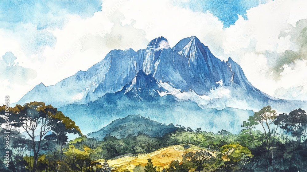 Watercolor Mount Kinabalu: Majestic Malaysian Peak - Serene watercolor ...