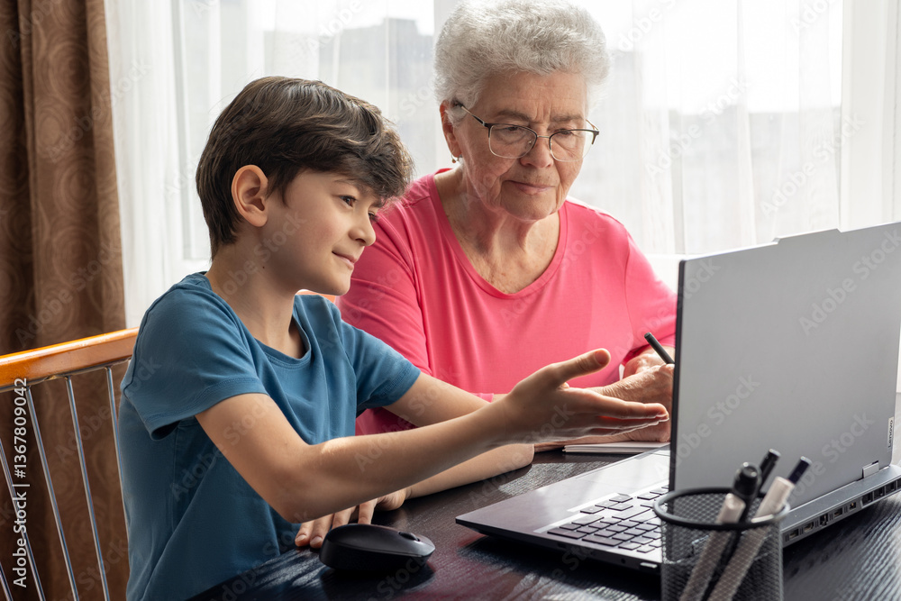 Young boy teaching his grandmother computer skills – digital literacy ...