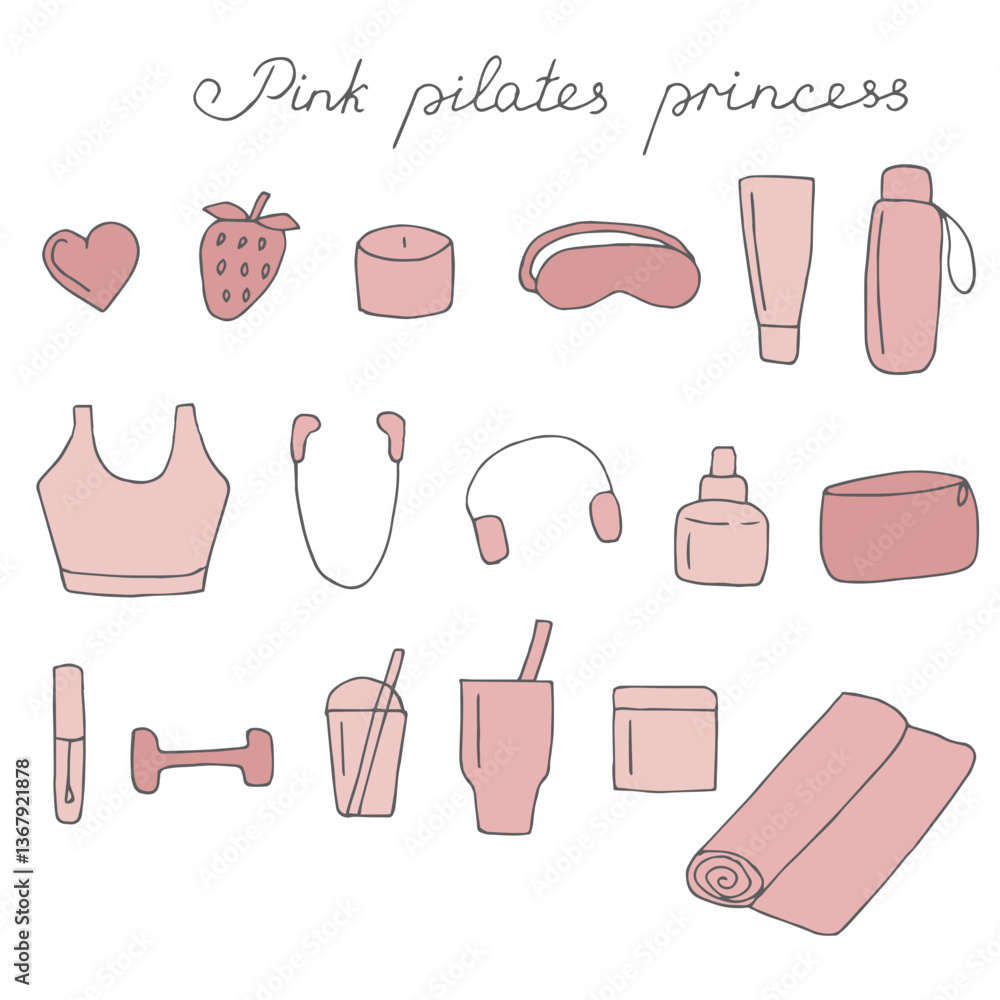 Pink pilates princess doodle set, hand drawing, vector illustration ...