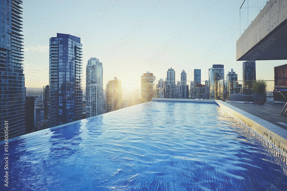 Perched atop a hotel building, a sparkling pool offers a stunning ...