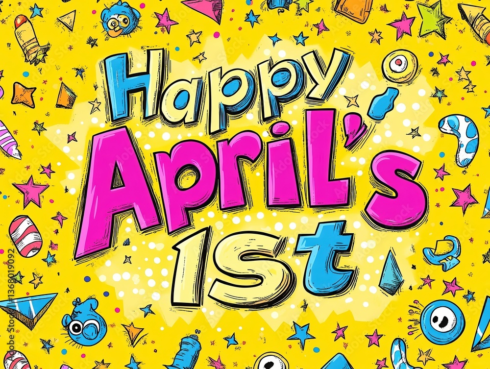 Happy April’s 1st comic bubble with bold pop-art text, rubber chickens ...