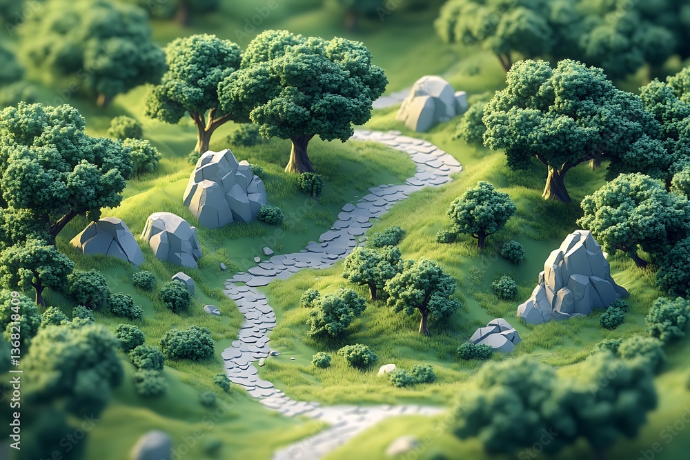 An isometric forest with giant trees and hidden pathways, creating a ...