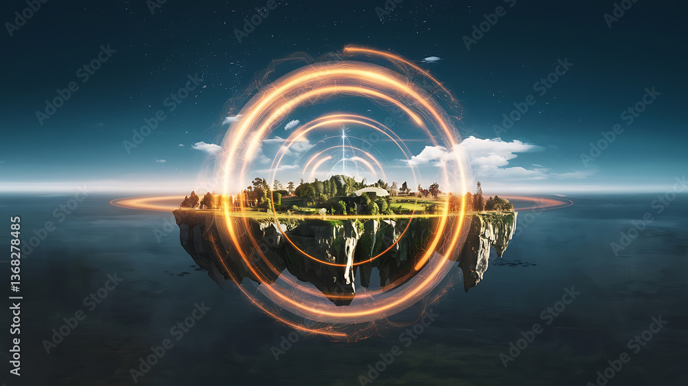 Floating island ethereal energy rings fantasy landscape Stock ...