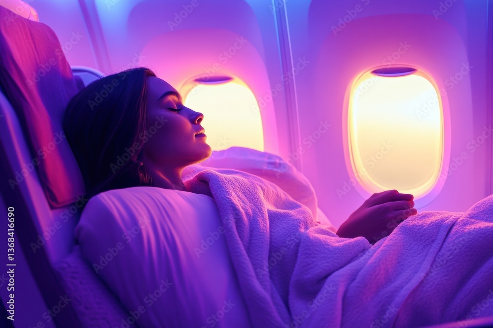 Passenger enjoys relaxation while watching a movie during a comfortable ...
