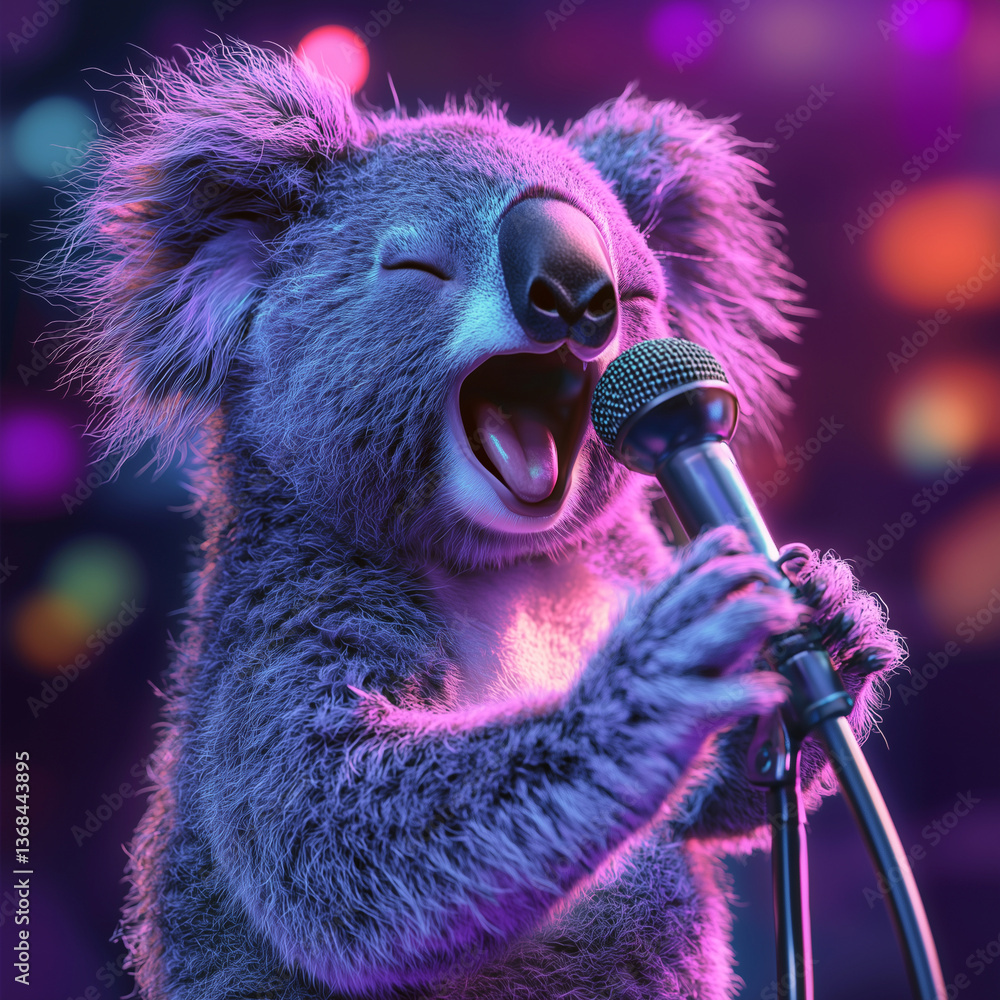 Koala singing into a microphone under neon lights on a talent show ...