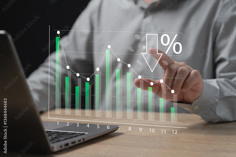 Business work cost reduction concept, Businessman show target graph ...
