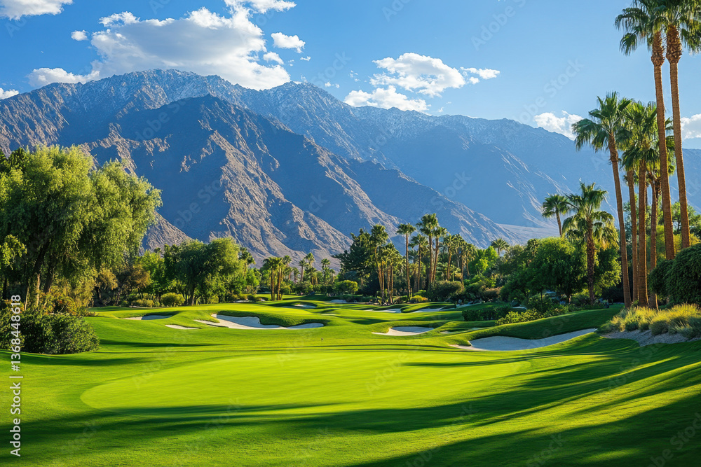 Golf course at Palm Canyon Resort: Lush green fairways framed by palm trees under a clear blue ...