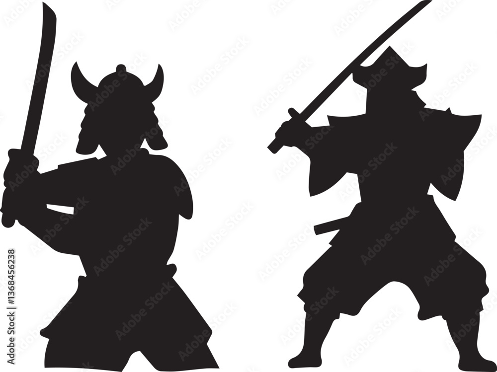 Silhouette, samurai warriors, traditional Japanese armor, katana swords ...