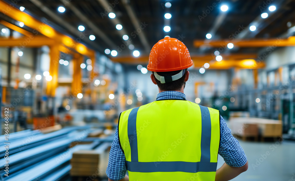 Industrial worker wearing a safety vest and hard hat oversees ...