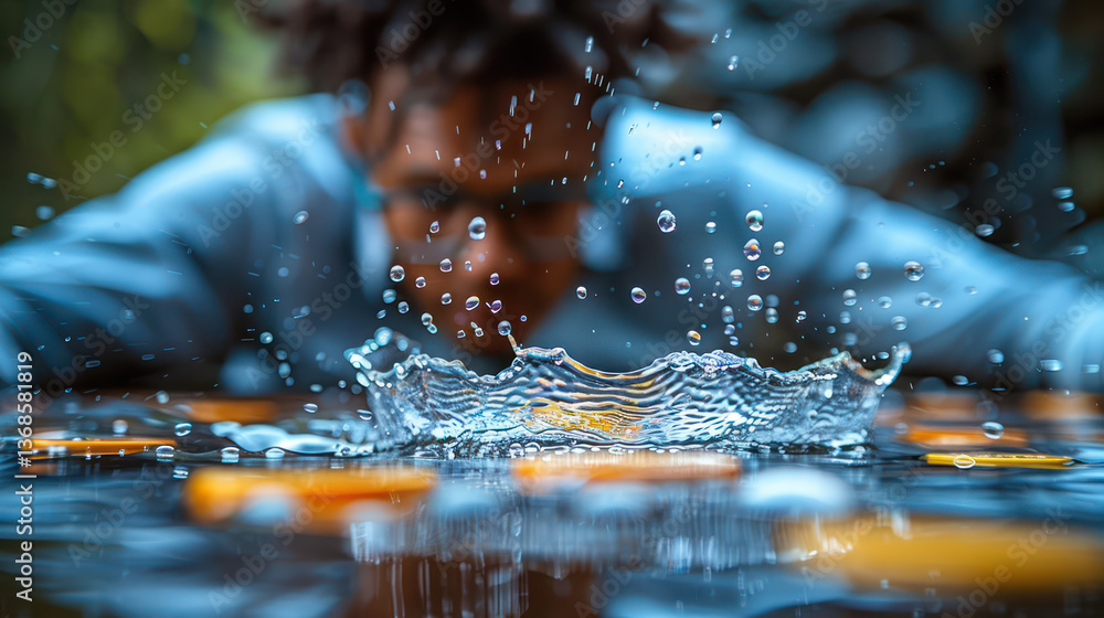 person leans over body of water, creating ripples and splashes as ...