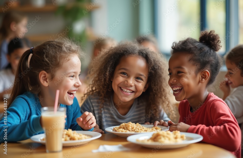 Happy children eat together lunch. Smiling diverse kids share meal at ...