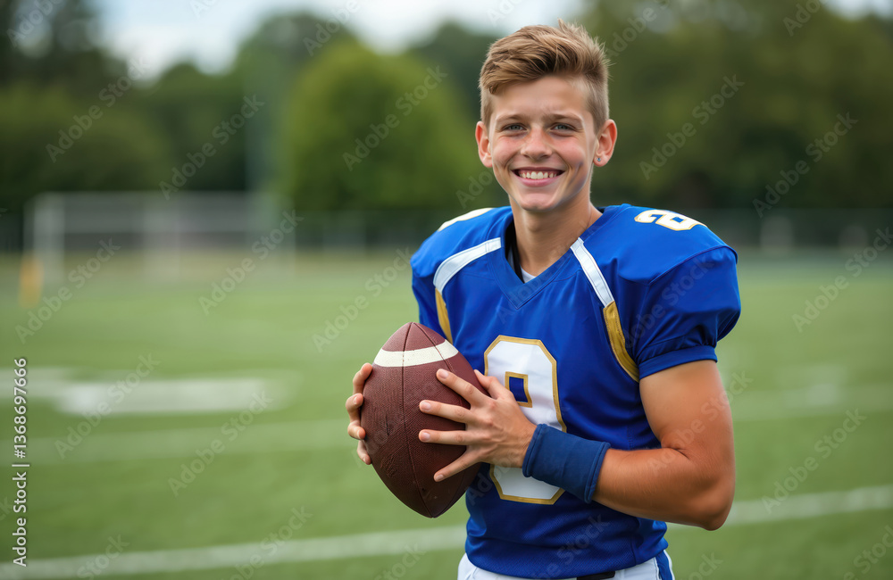 Smiling teenage football player holding ball, looking at camera. Young ...