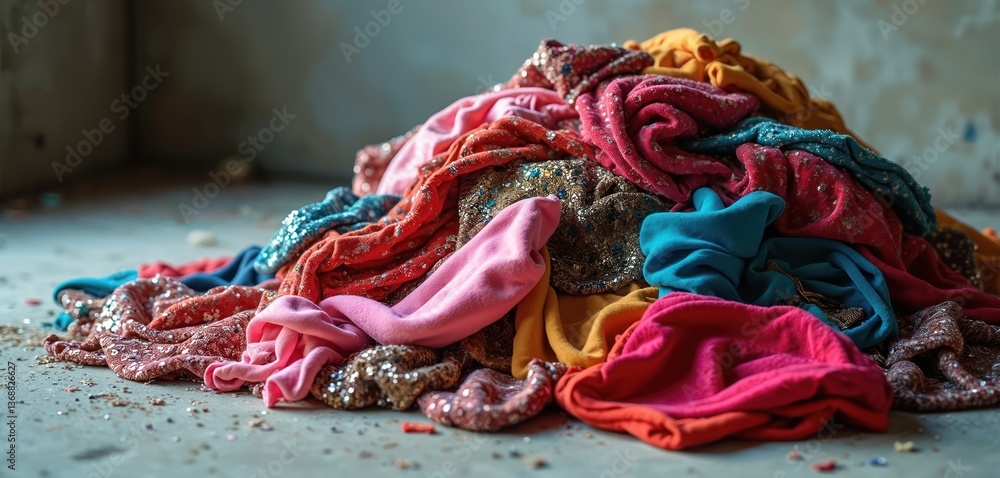Pile of discarded clothes on concrete floor, represents fast fashion ...