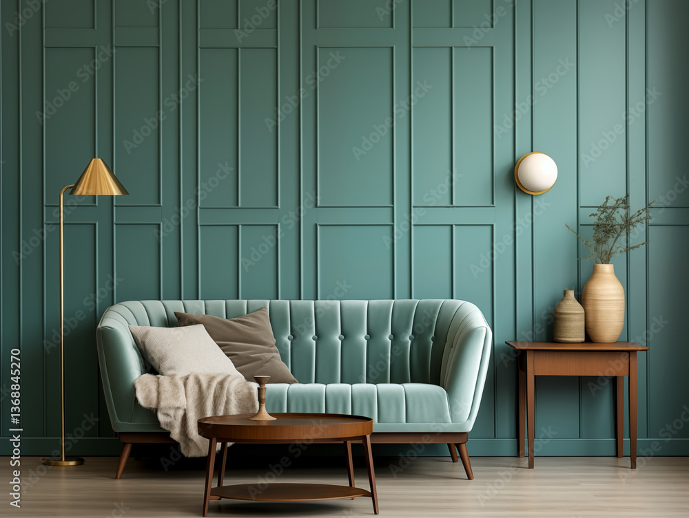 Living room interior with teal tone board and batten wood wall ...