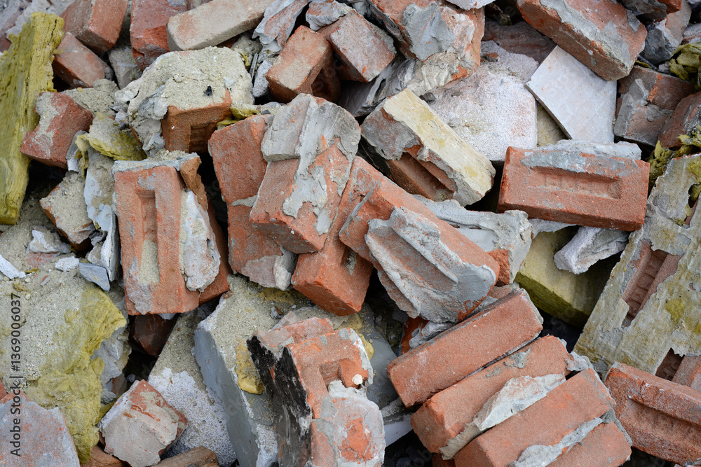Pile of broken bricks and construction debris Discarded bricks, insulation, and rubble from a ...