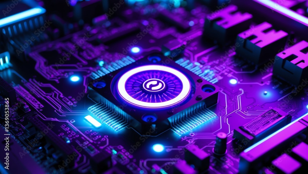 Cyberpunk neon background of futuristic glowing motherboard Stock Photo ...