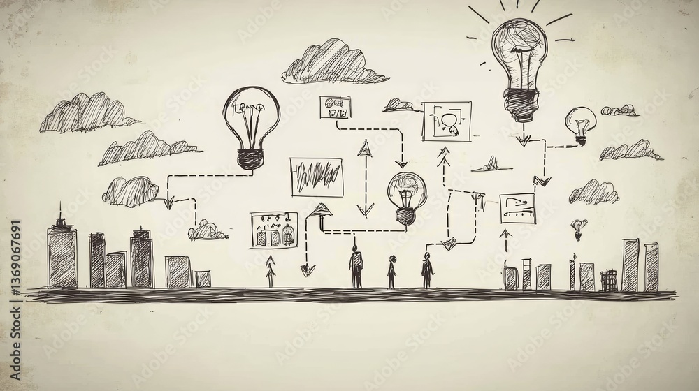 Hand-drawn flowchart of a strategic business model with clear ...